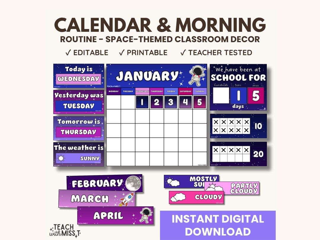 Space Classroom Decor Set: Calendar, Weather Chart (digital Download ...