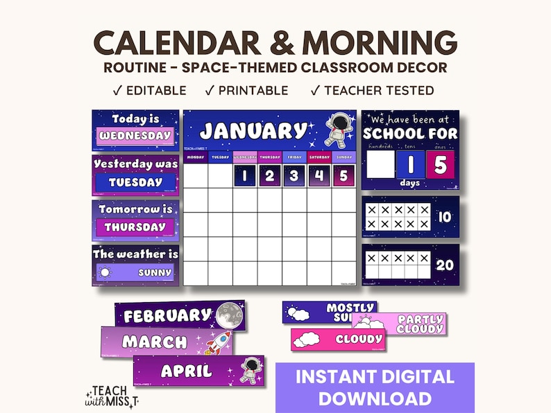 Space Classroom Decor Set: Calendar, Weather Chart (digital Download ...