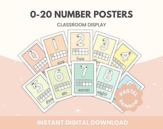 Number Posters, Numbers 1-20 With and Without Ten Frames, Boho Rainbow ...