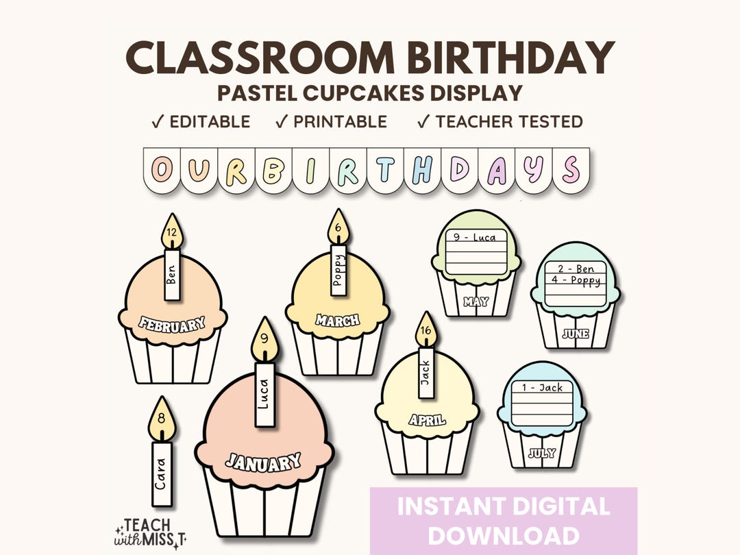 Cupcake Birthday Display Bundle | Pastel Rainbow Classroom Birthday ...