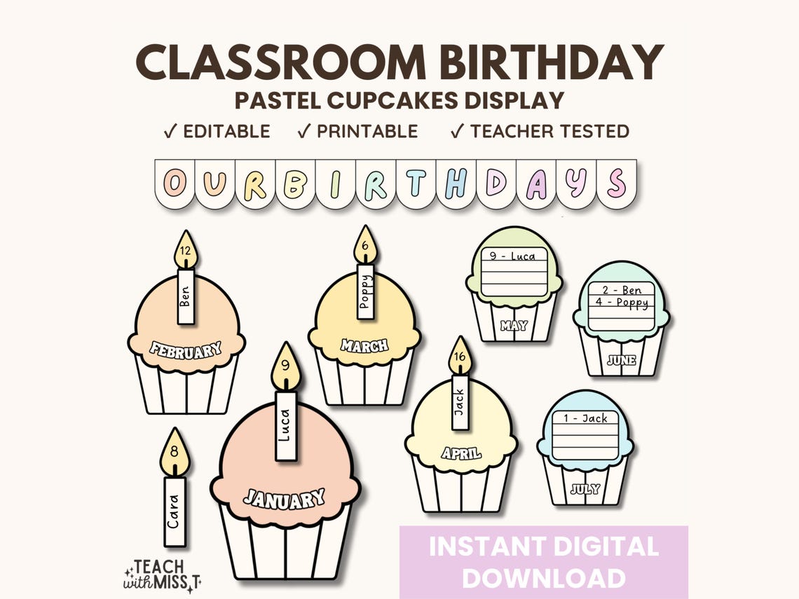 Cupcake Birthday Display Bundle | Pastel Rainbow Classroom Birthday ...