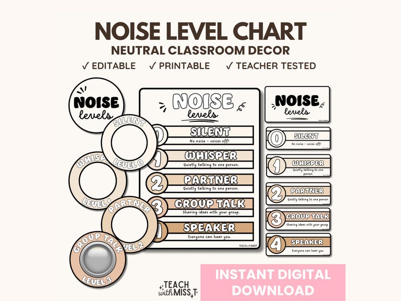 Neutral Classroom Noise Level Chart: Voice Level Posters (digital ...