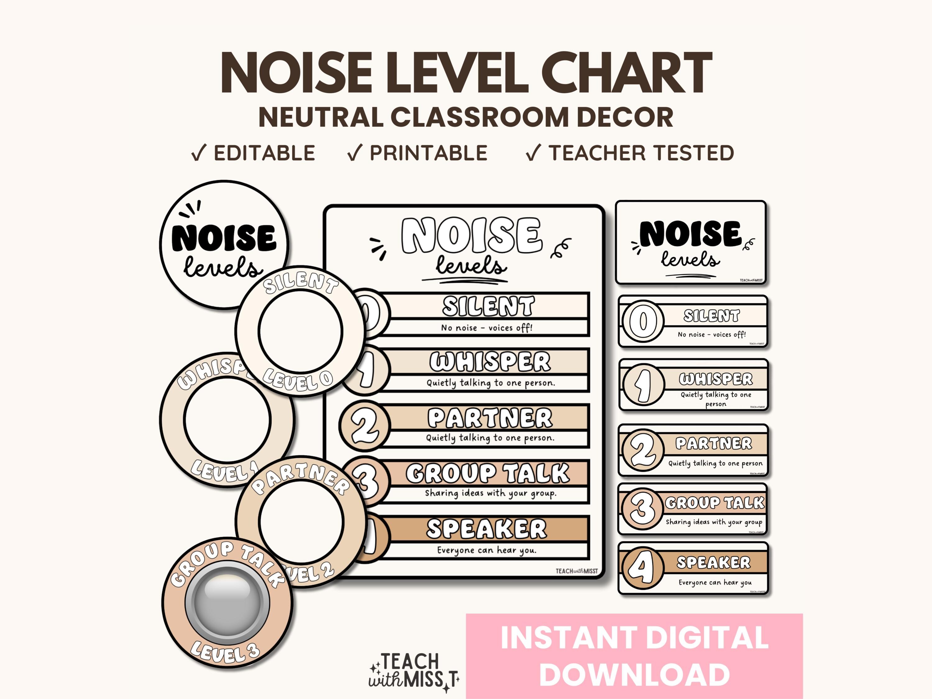 Neutral Classroom Noise Level Chart: Voice Level Posters (digital ...