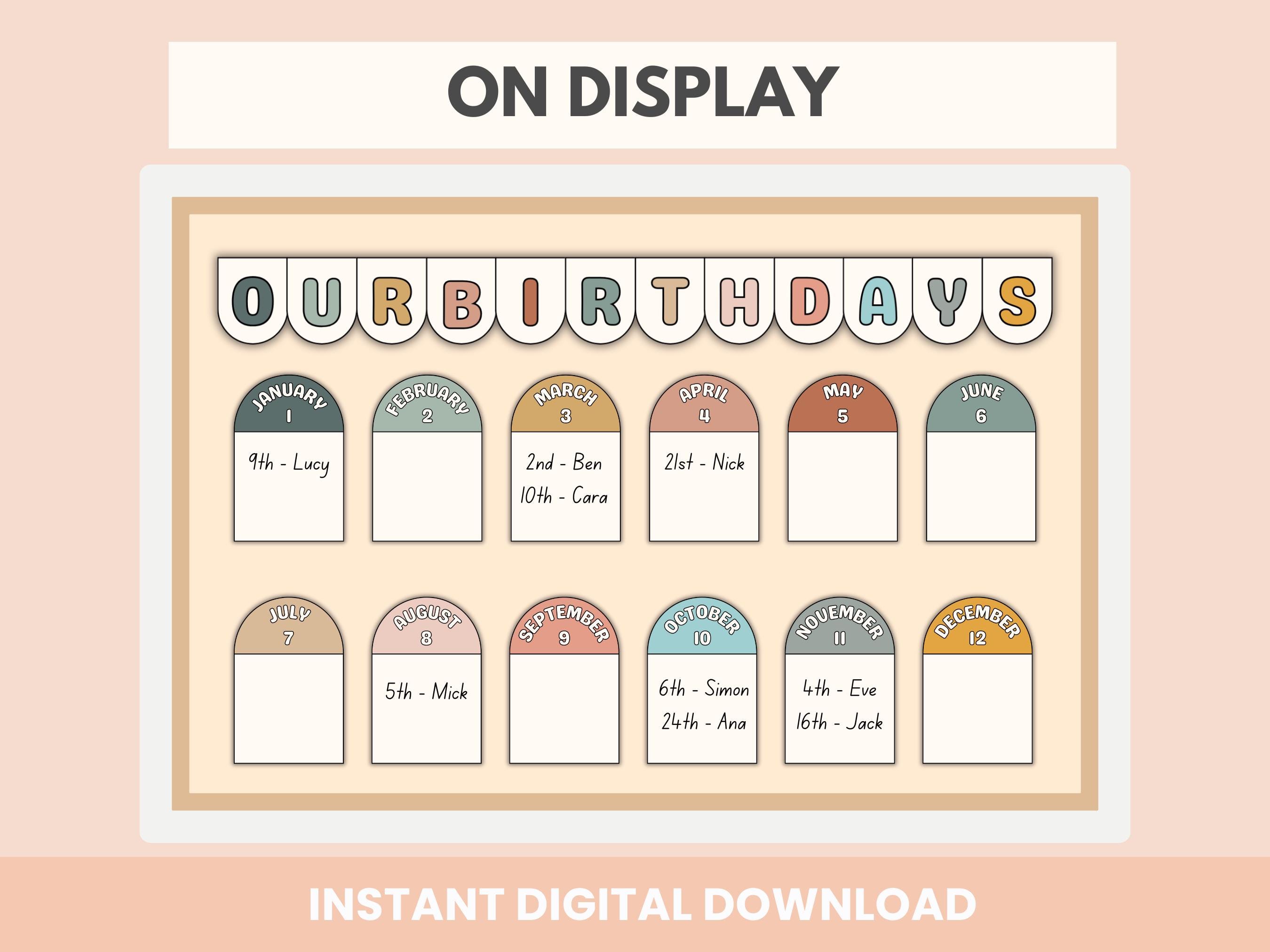 Modern Boho Classroom Birthday Display Bundle | Class Birthday Bulletin ...