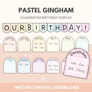 Pastel Gingham Classroom Birthday Display Bulletin Board Bundle ...