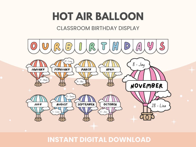 Hot Air Balloon Classroom Birthday Display | Class Birthday Bulletin ...