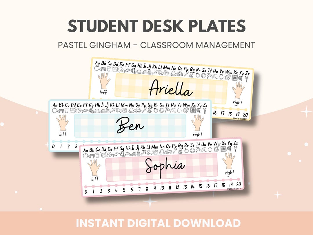 Pastel Rainbow Gingham Student Desk Plates | Rainbow Student Desk Name ...