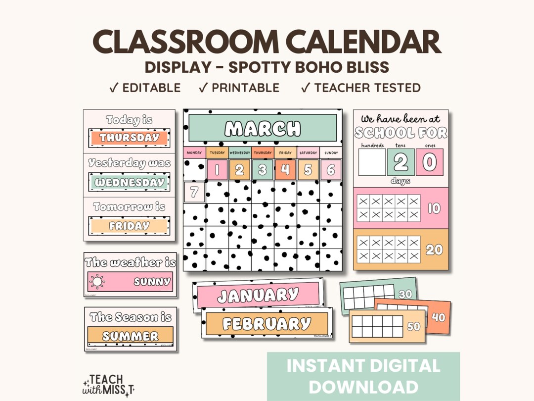 Spotty Boho Bliss Daily Classroom Calendar Display | Classroom Weather ...