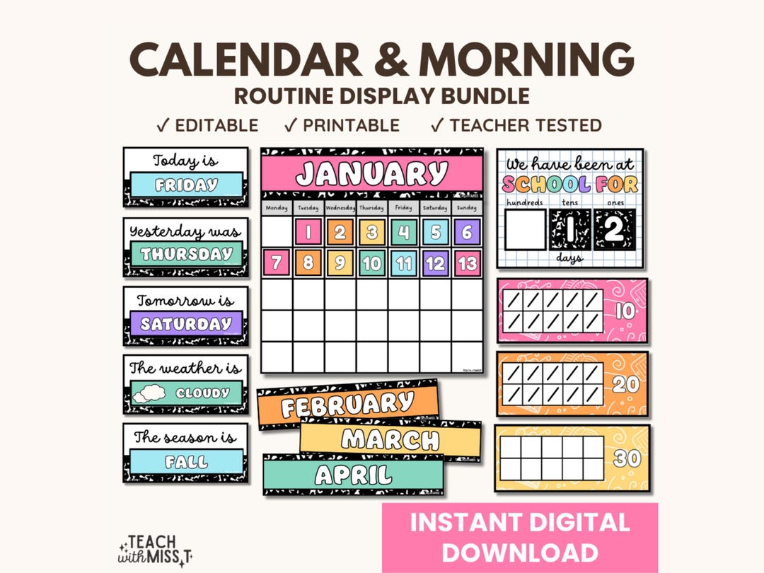 Composition Notebook Classroom Calendar & Morning Routine Kit (digital ...