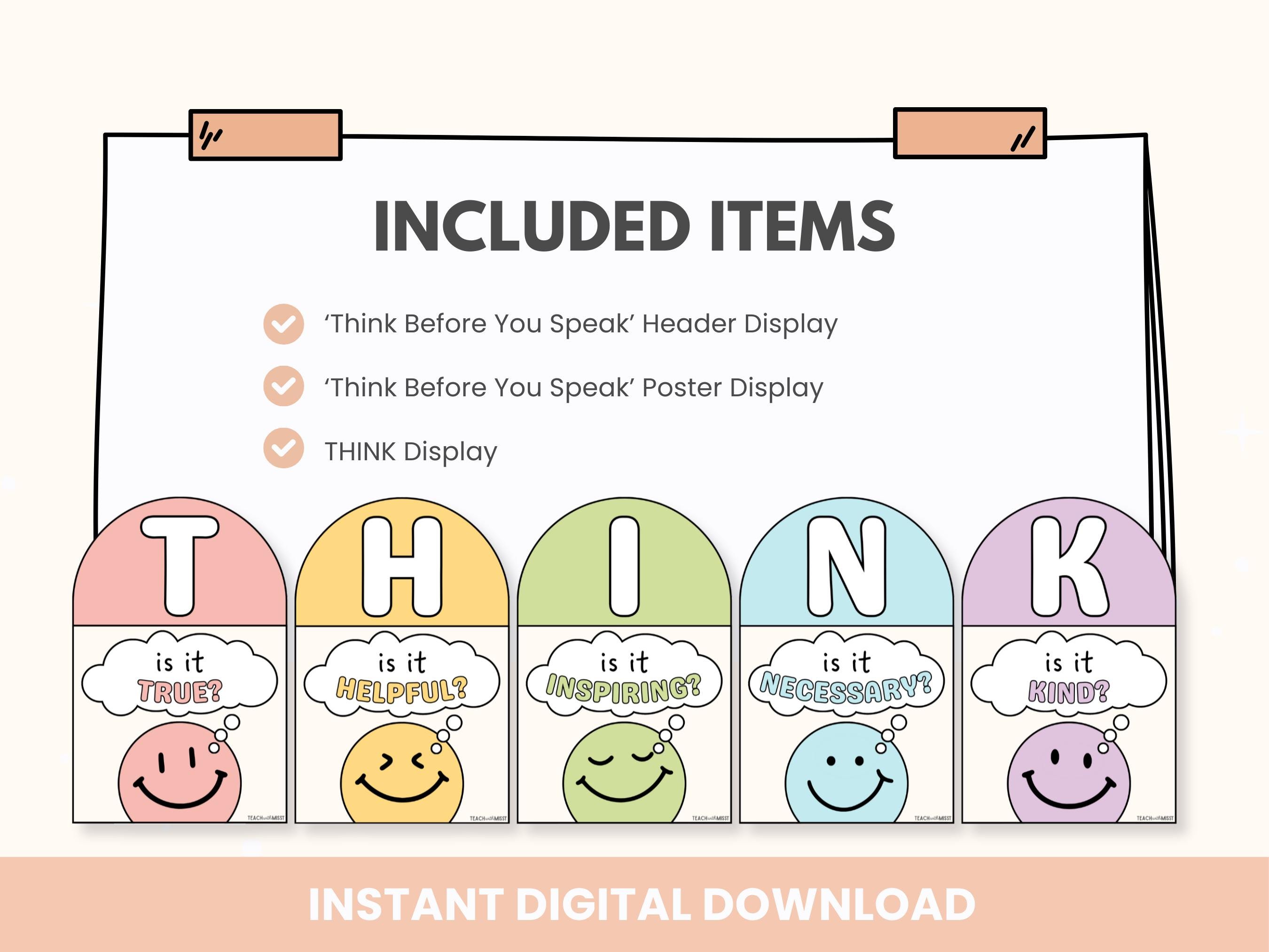 Think Before You Speak Poster: Classroom Management, Social Emotional ...