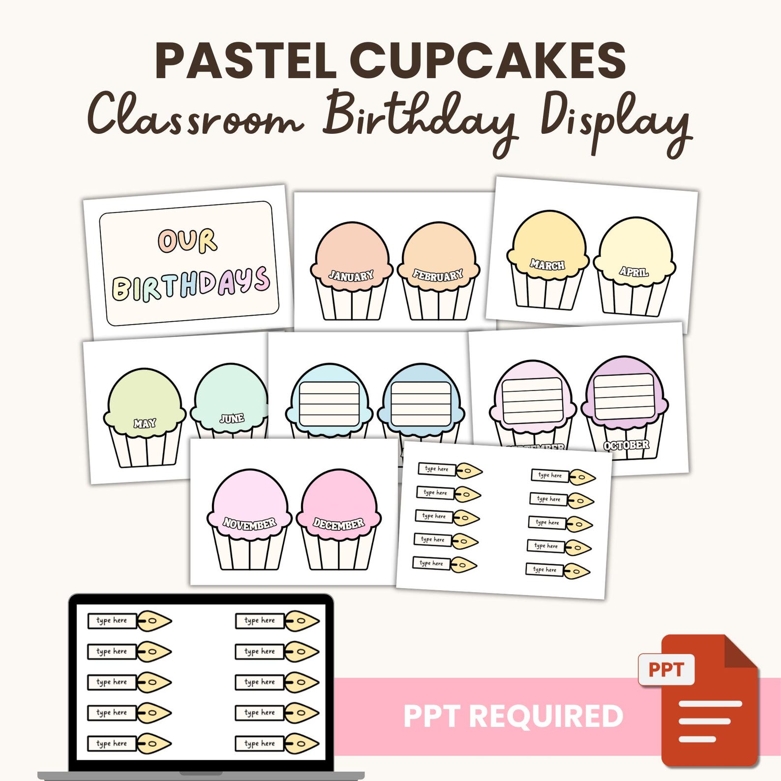 Cupcake Birthday Display Bundle | Pastel Rainbow Classroom Birthday ...