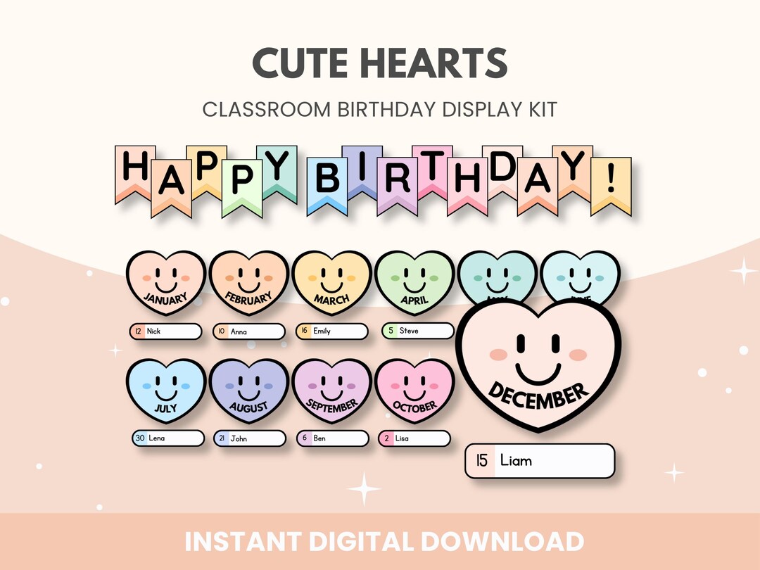 Hearts Classroom Birthday Display: Pastel Bulletin Board Kit (digital ...
