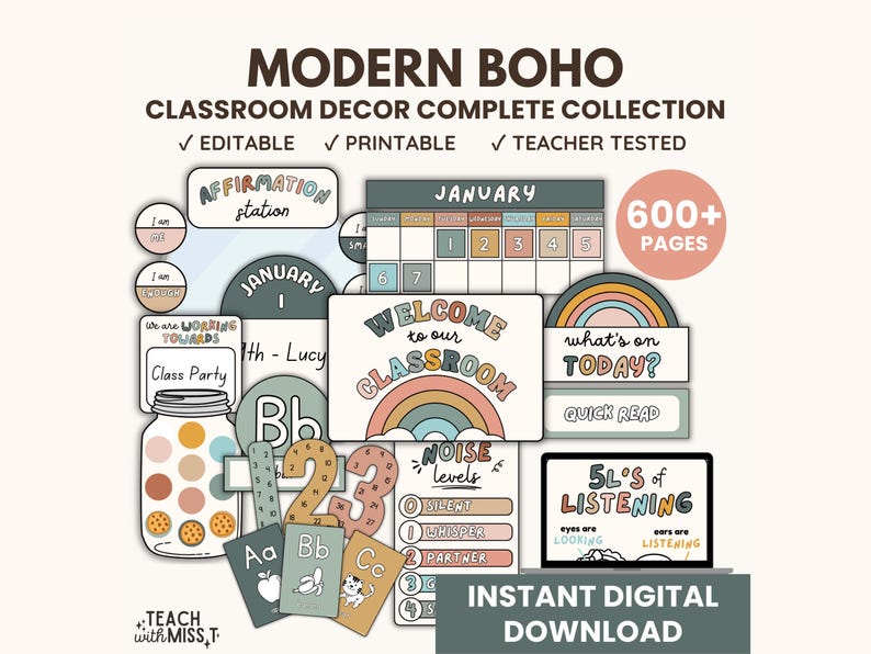 Minimalist Boho Classroom Display Bundle | Editable Classroom Decor ...