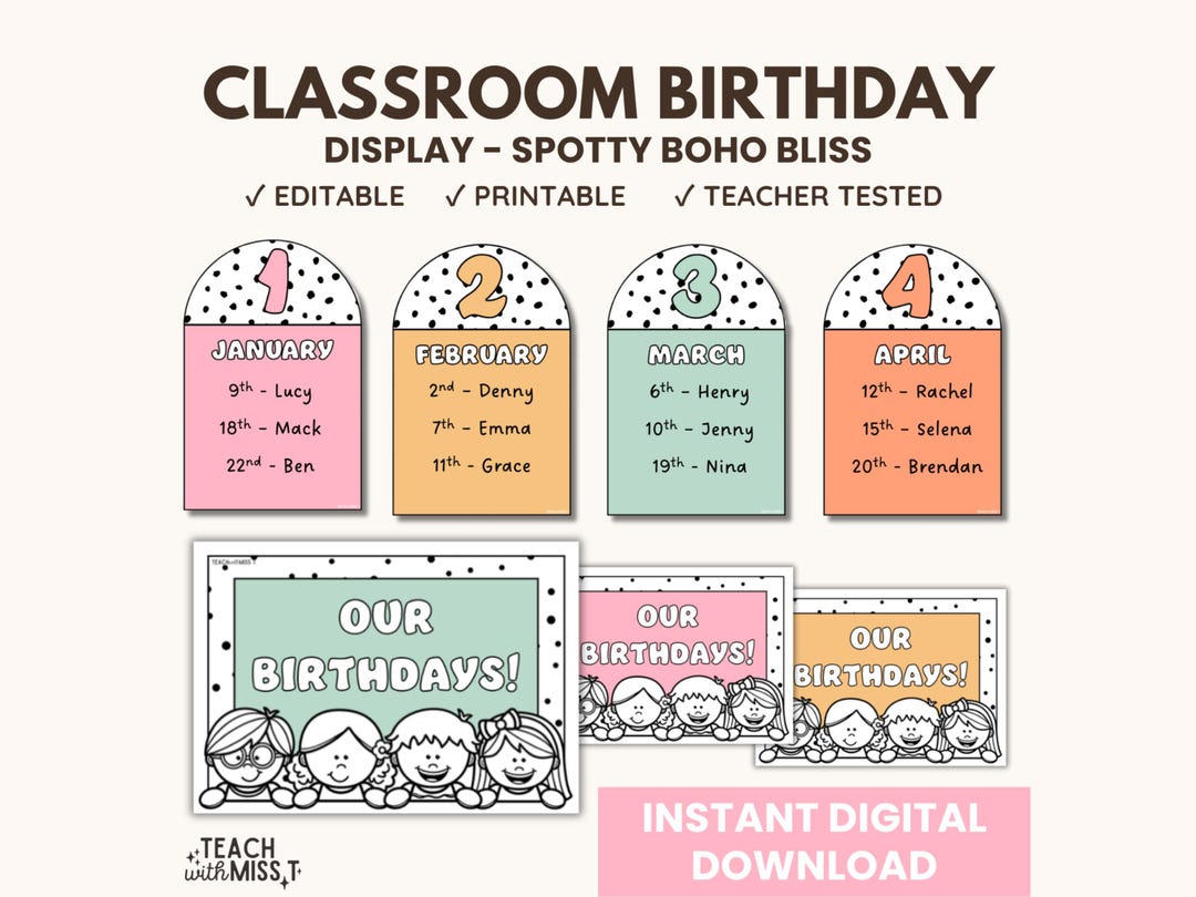 Boho Classroom Birthday Display: Spotty Classroom Decor (digital ...