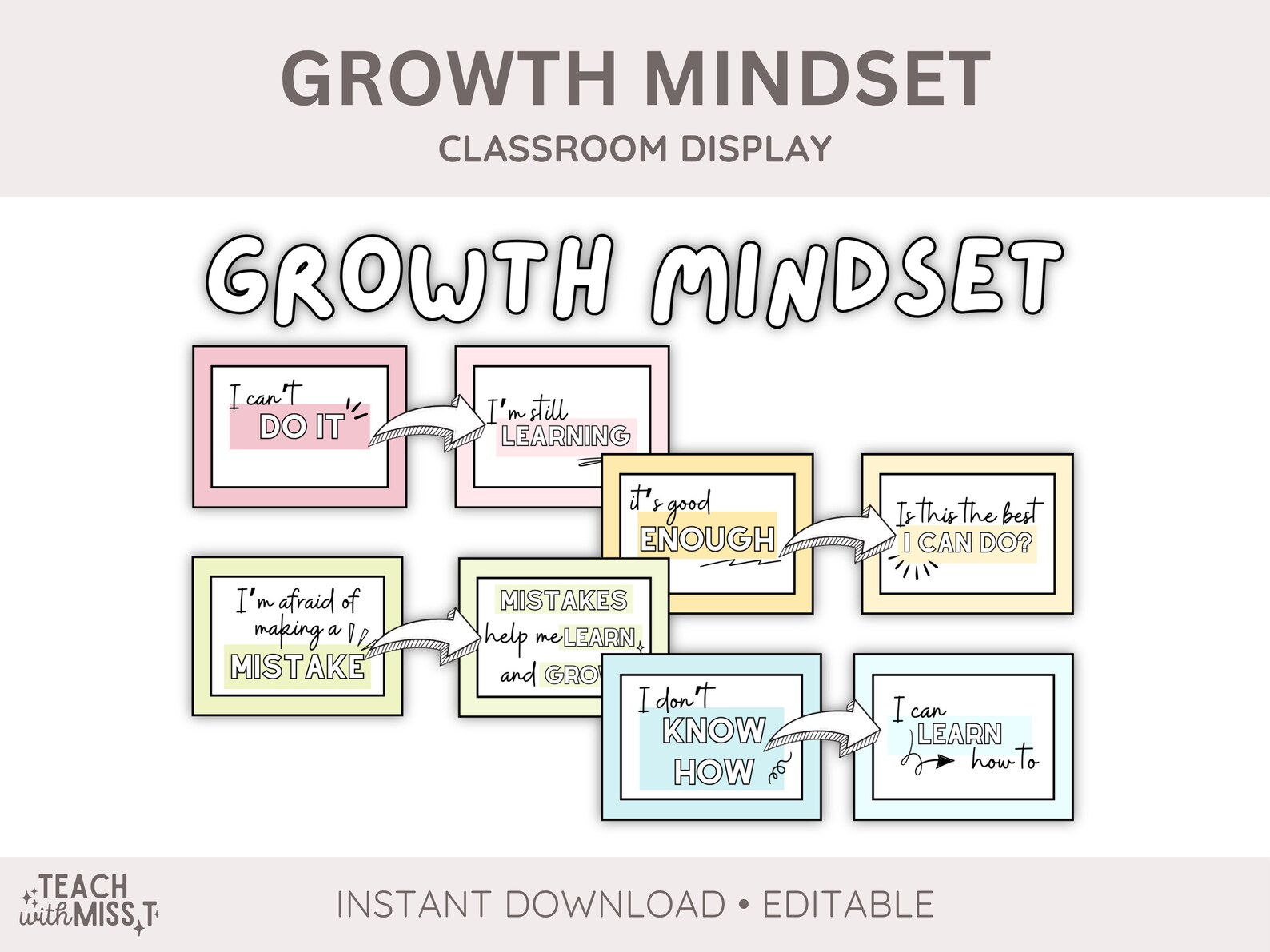 Pastel Rainbow Growth Mindset Classroom Display Bundle Growth Mindset ...