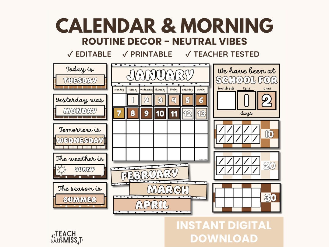 Neutral Classroom Calendar & Morning Routine Display | Neutral Boho ...