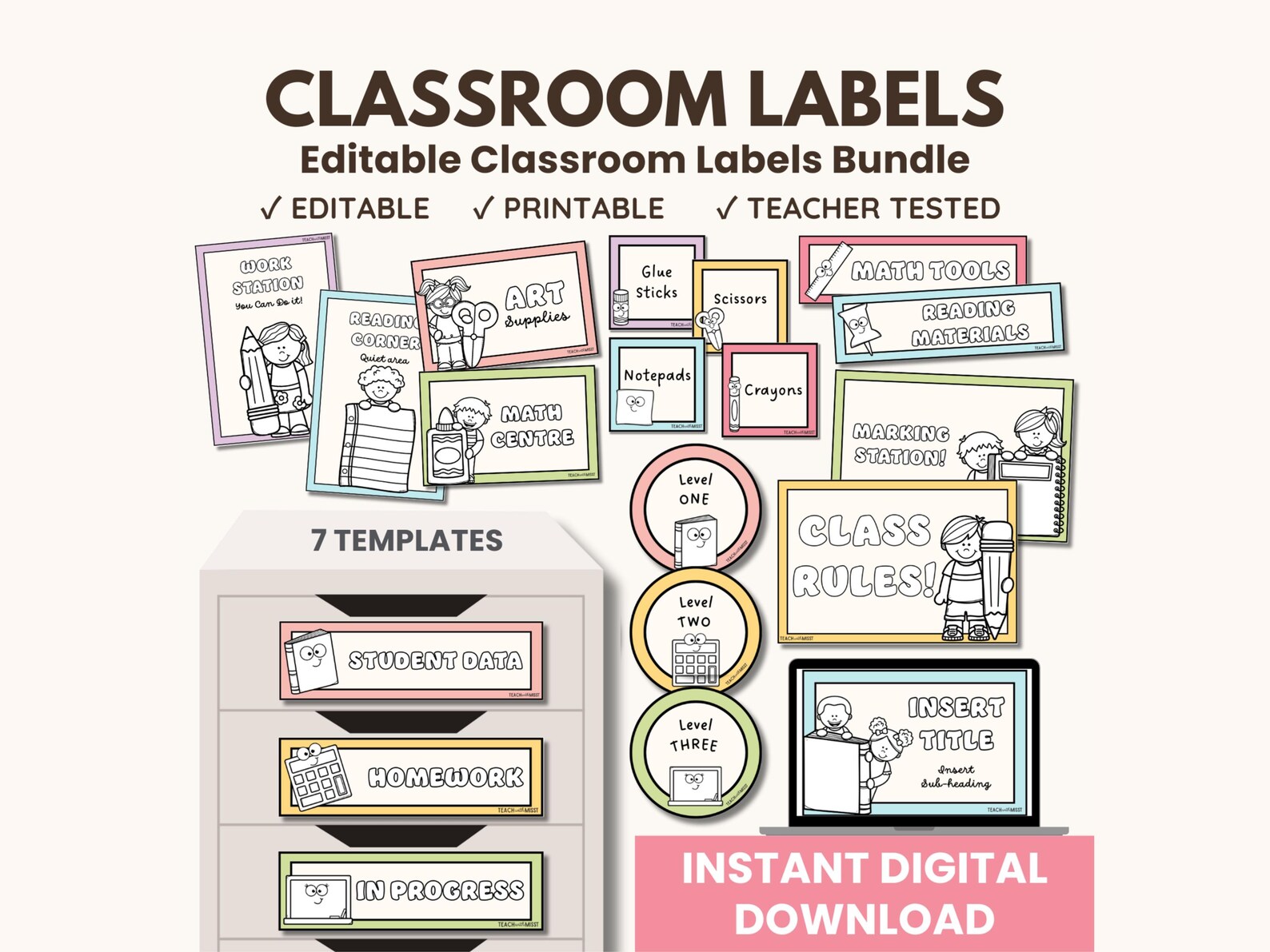 Rainbow Classroom Labels Templates: Classroom Organization (digital ...