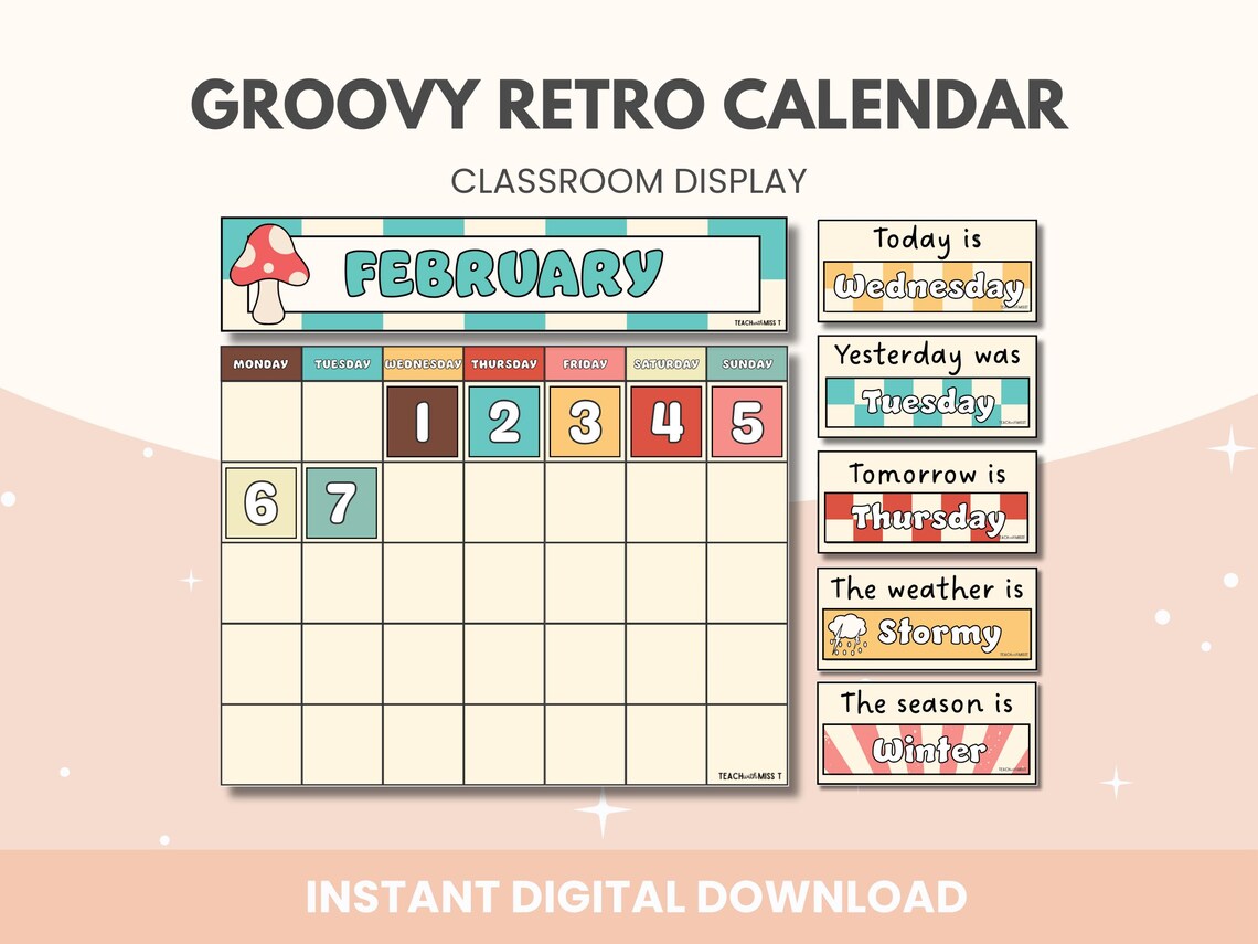 Groovy Retro Classroom Calendar Display: Weather & Seasons (digital ...