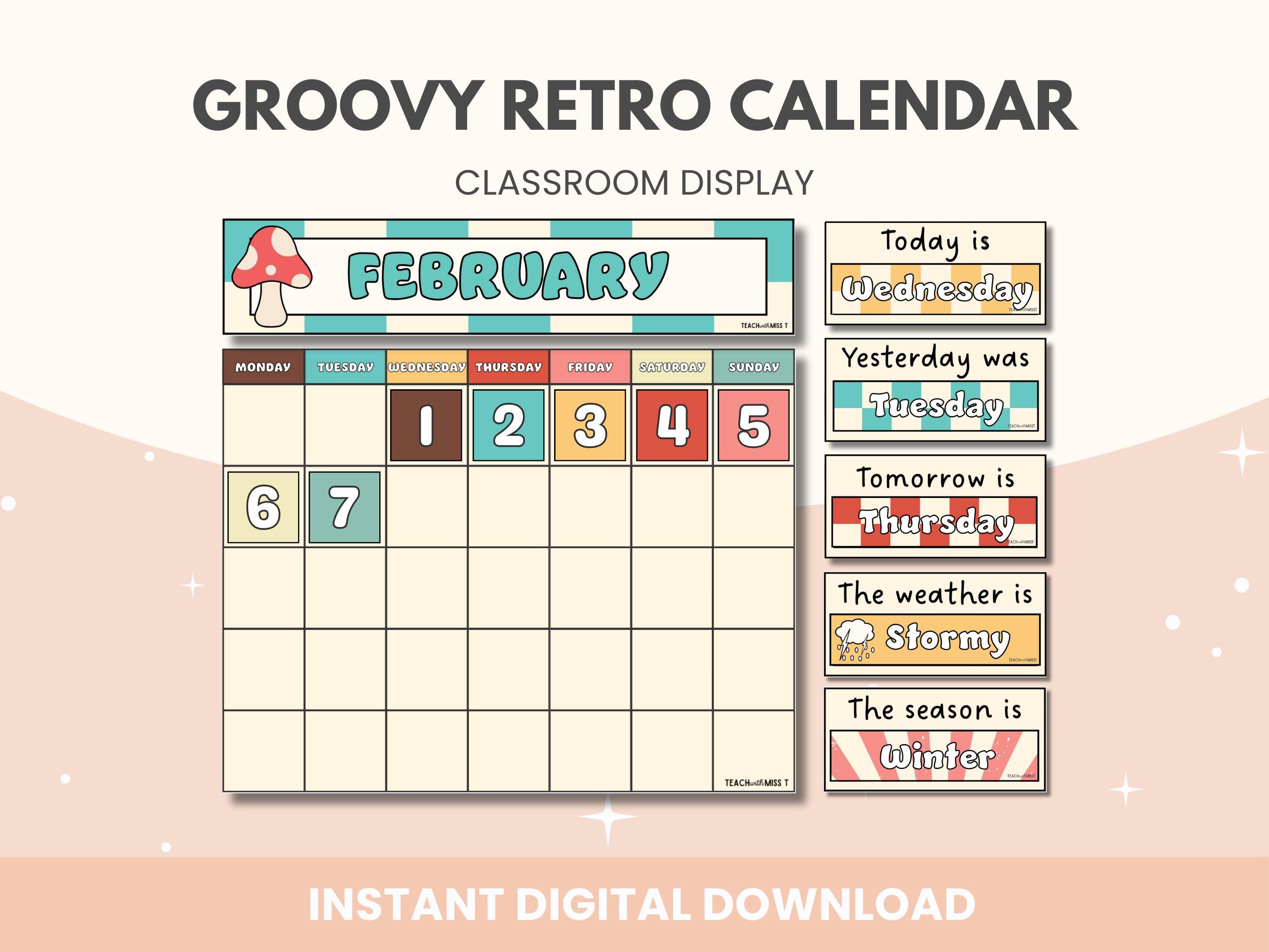 Groovy Retro Classroom Calendar Display: Weather & Seasons (digital ...