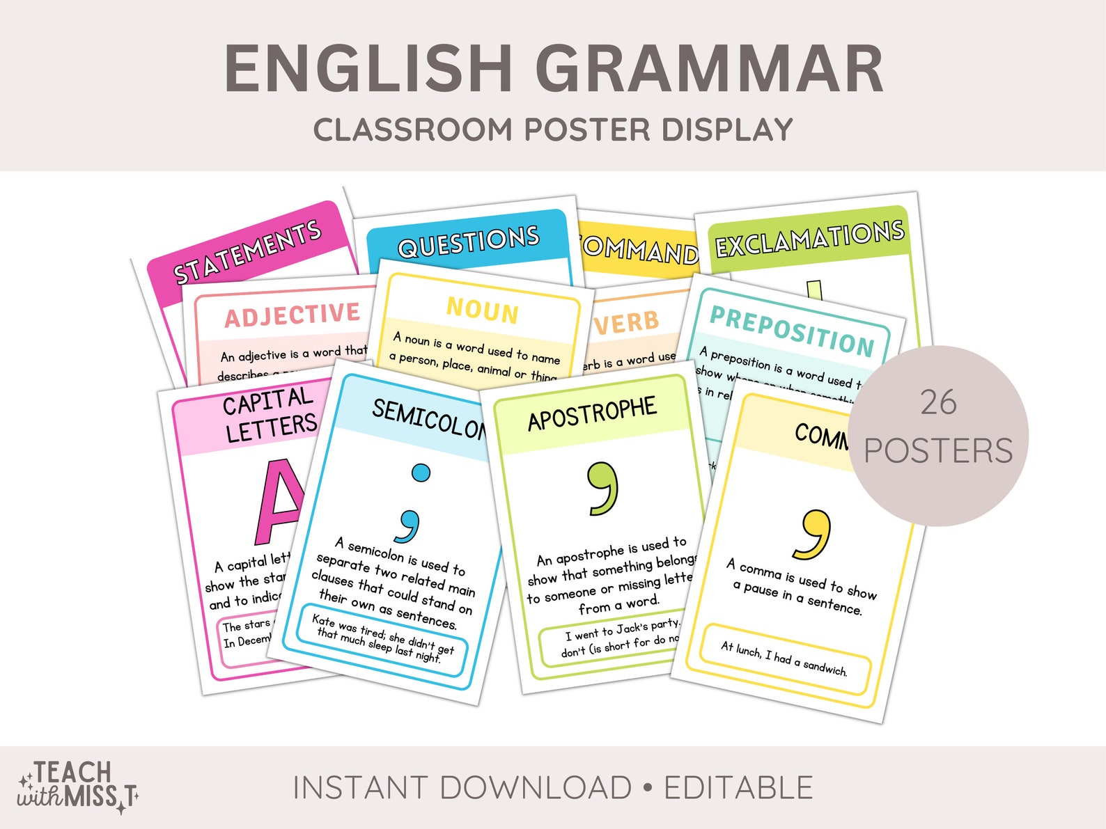 English Grammar Posters: Punctuation, Parts of Speech (digital Download ...