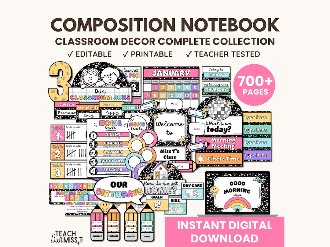 Composition Notebook Classroom Decor Bundle | Editable Classroom ...