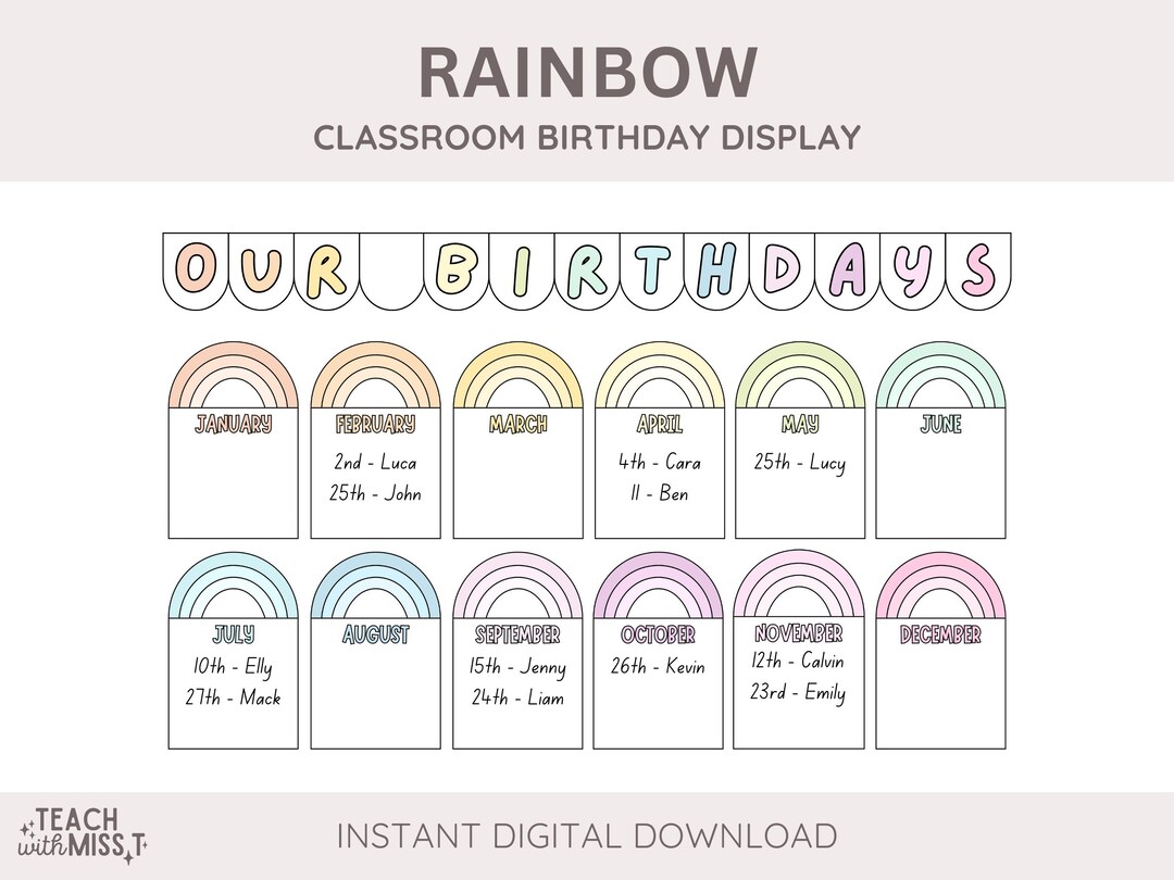 Pastel Rainbow Classroom Birthday Display Classroom Birthday Bulletin ...