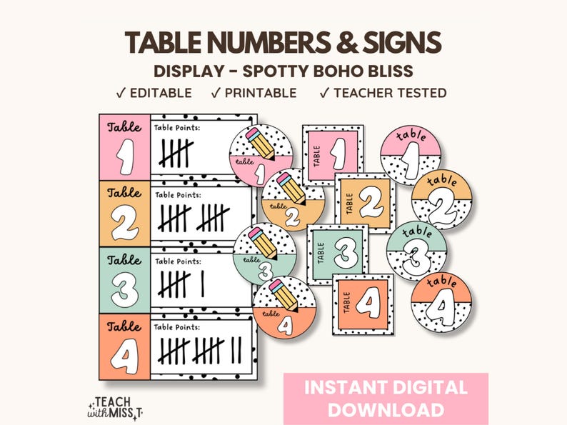 Spotty Boho Bliss Classroom Table Numbers | Classroom Table Signs ...