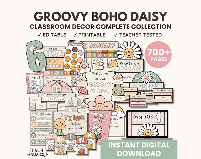 Boho Retro Classroom Decor Bundle | Editable | Groovy | Daisy | Rainbow ...