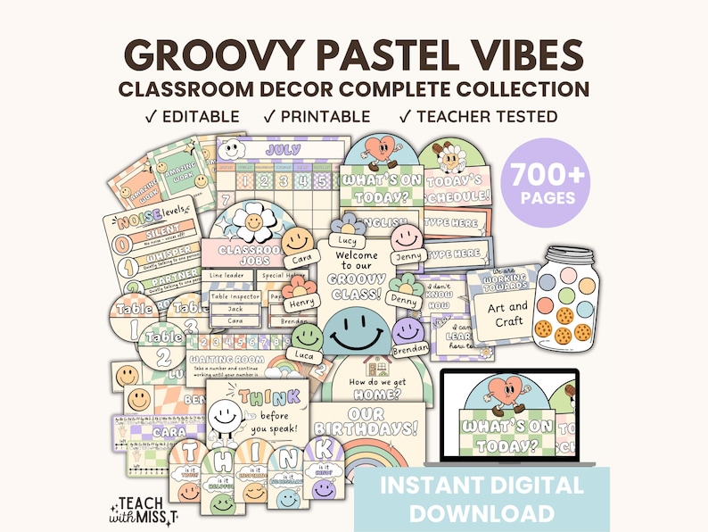 Groovy Pastel Classroom Decor Bundle | Editable Classroom Printables ...