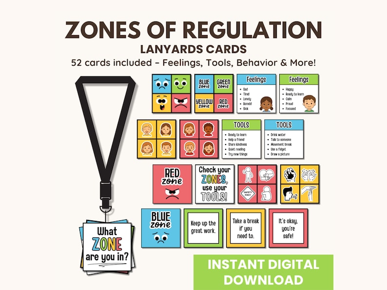 Zones of Regulation Lanyard Cards: Emotional Awareness Flashcards ...