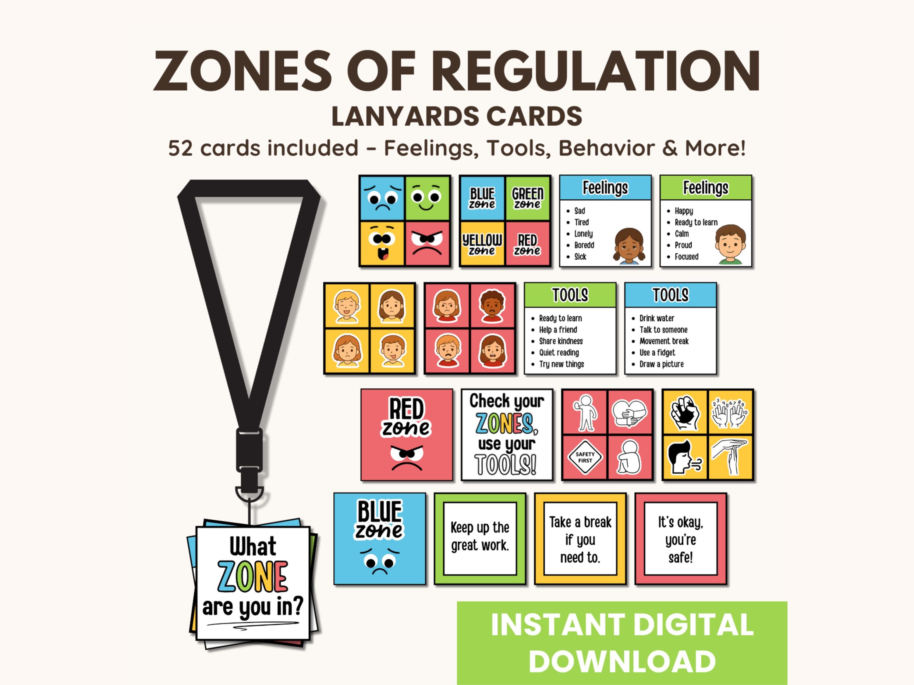 Zones of Regulation Lanyard Cards: Emotional Awareness Flashcards ...