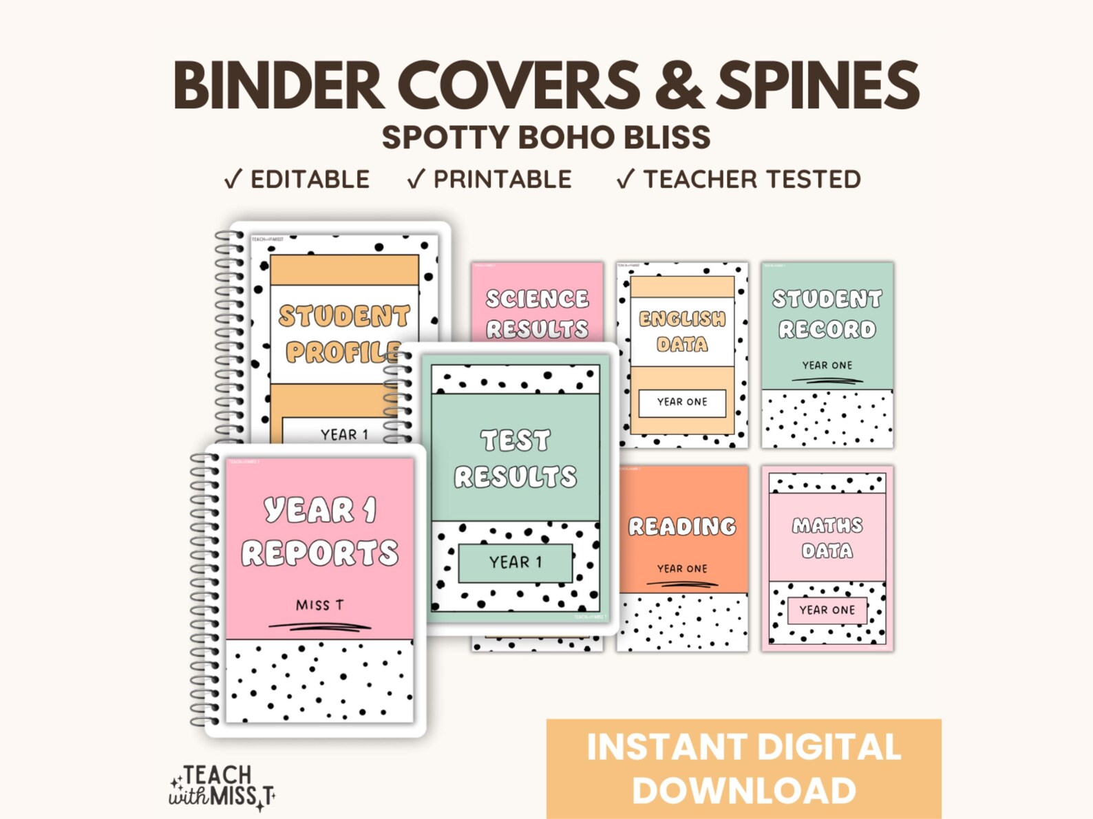 Spotty Boho Binder Covers and Spines: Editable Teacher Printables ...