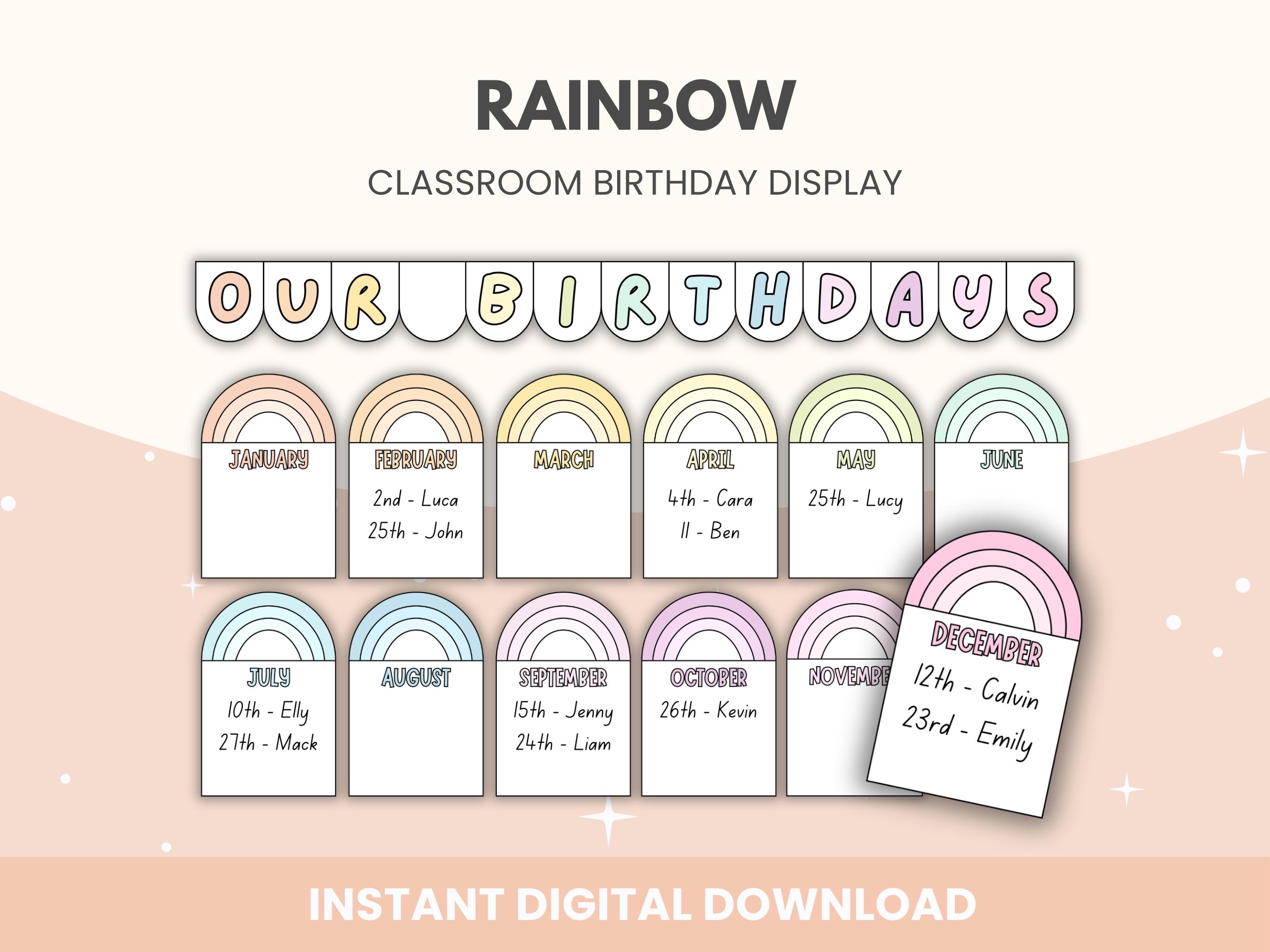 Pastel Rainbow Classroom Birthday Display | Classroom Birthday Bulletin ...