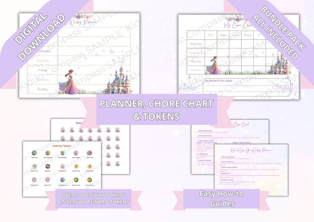 Princess Chore Chart & Planner Bundle: Kids' Routine Builder (digital ...