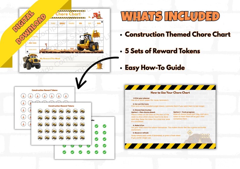 Construction Chore Chart for Kids: Reward Token System (digital ...