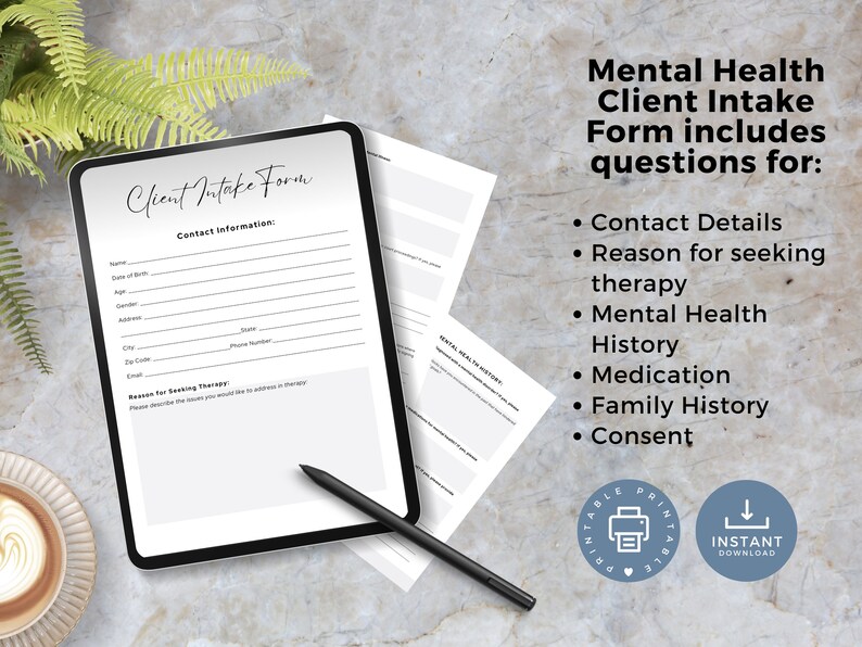 Mental Health Client Intake Form for Therapists, Privacy Practices ...