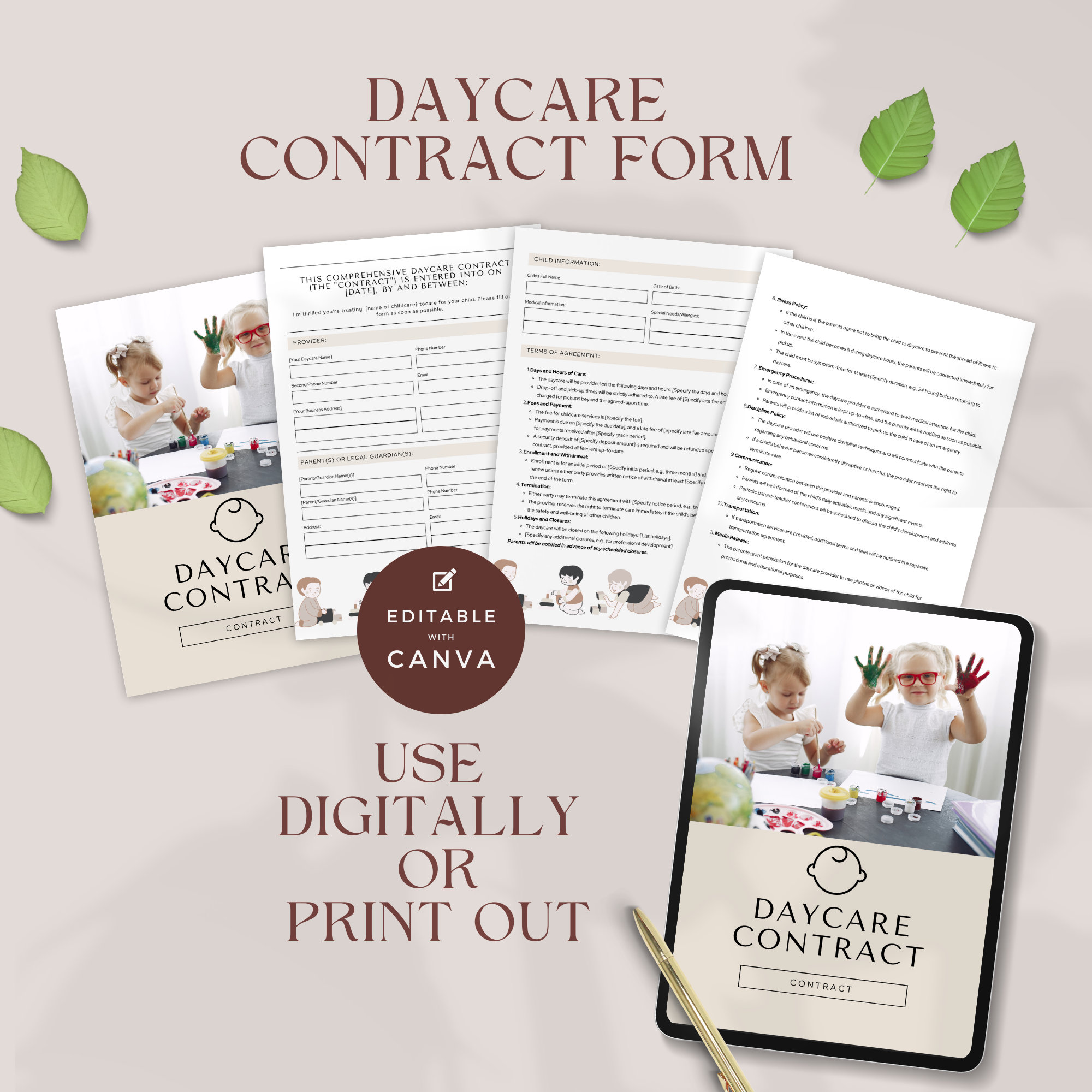 Daycare Contract Form, Agreement, Home Day Care Enrollment Template for ...