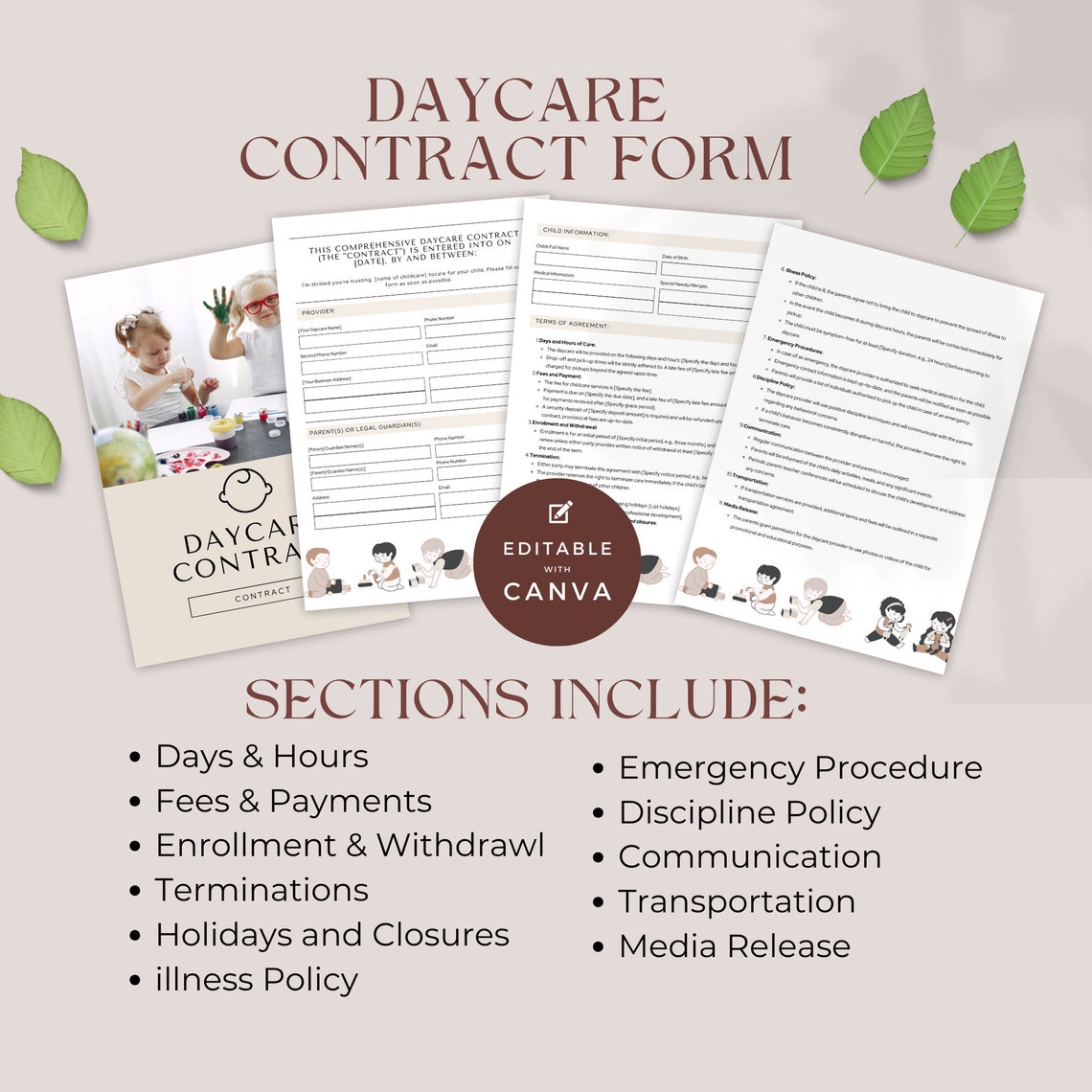 Daycare Contract Form, Agreement, Home Day Care Enrollment Template for ...