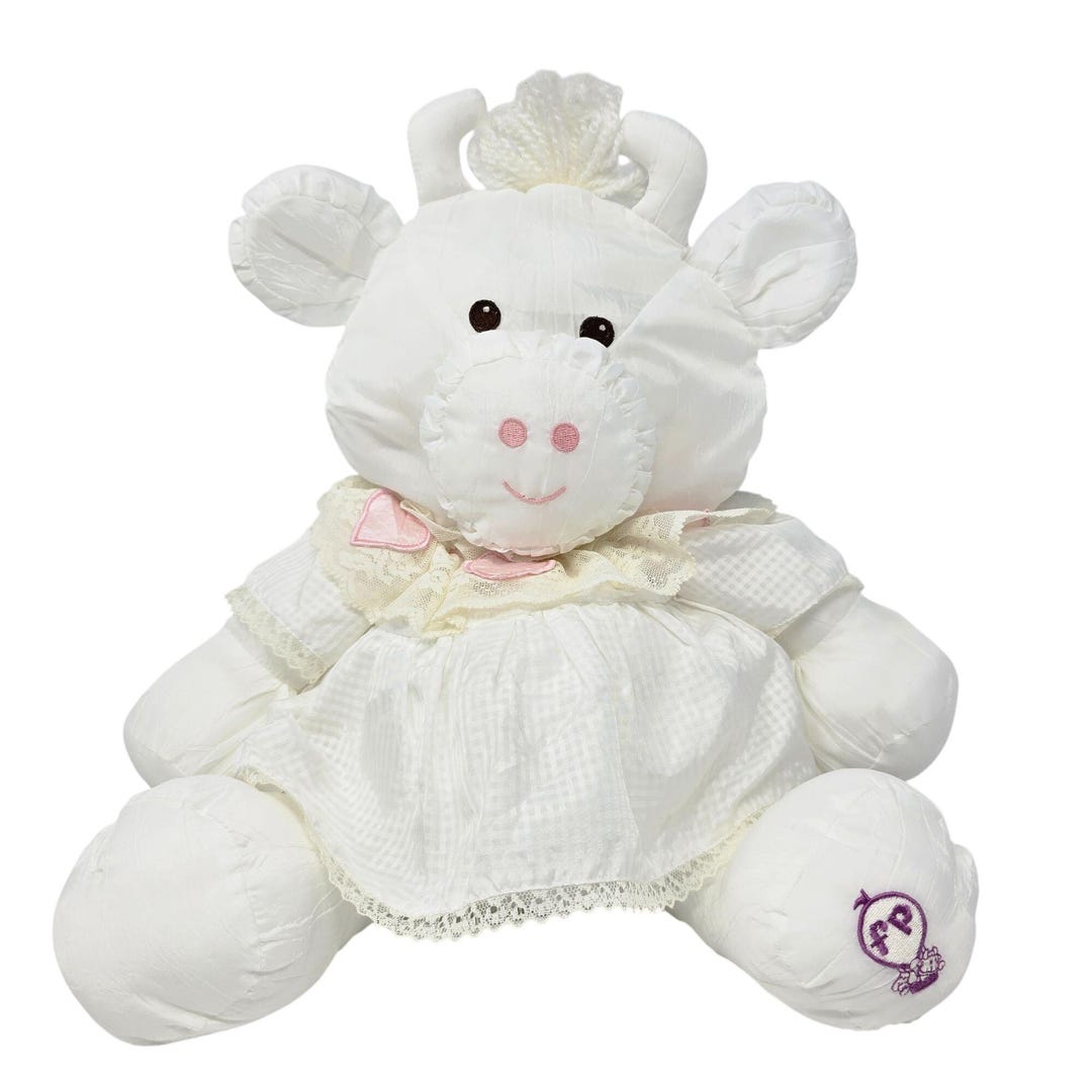 Fisher-price Puffalumps White Cow Plush Stuffed Nylon Toy Pink Hearts ...