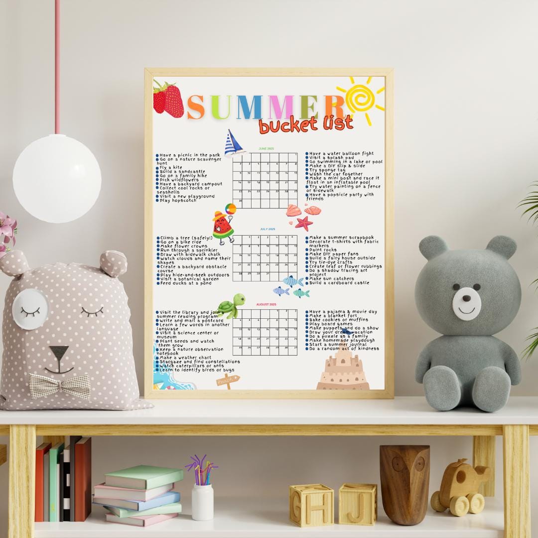 2025 Summer Bucket List Calendar Poster for Kids Printable Activity ...