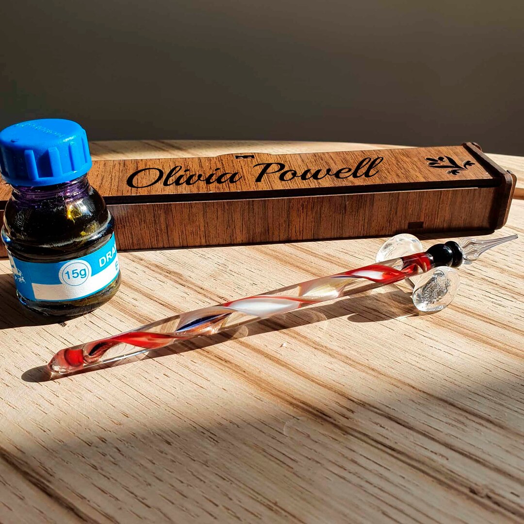 Glass Pen Ink and Box Set, Customizable Wooden Box, 5.9” Murano Glass ...