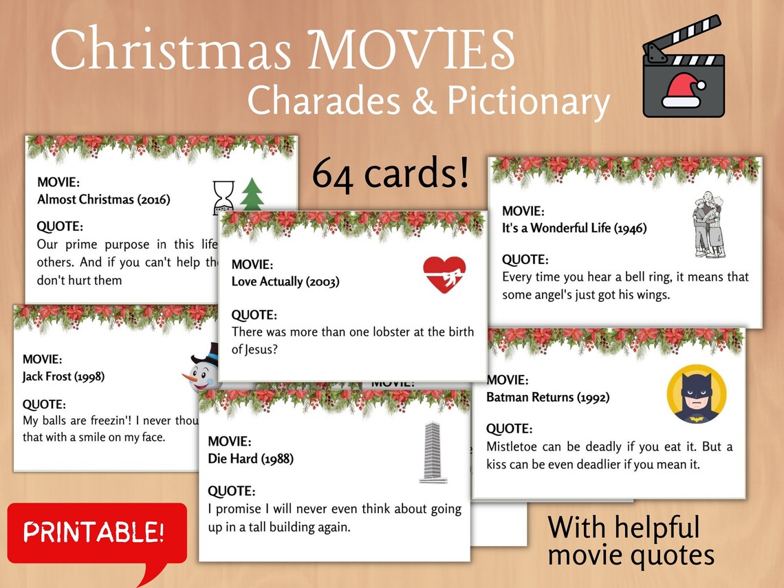 Christmas Movie Charades and Pictionary, Printable Christmas Party Game ...