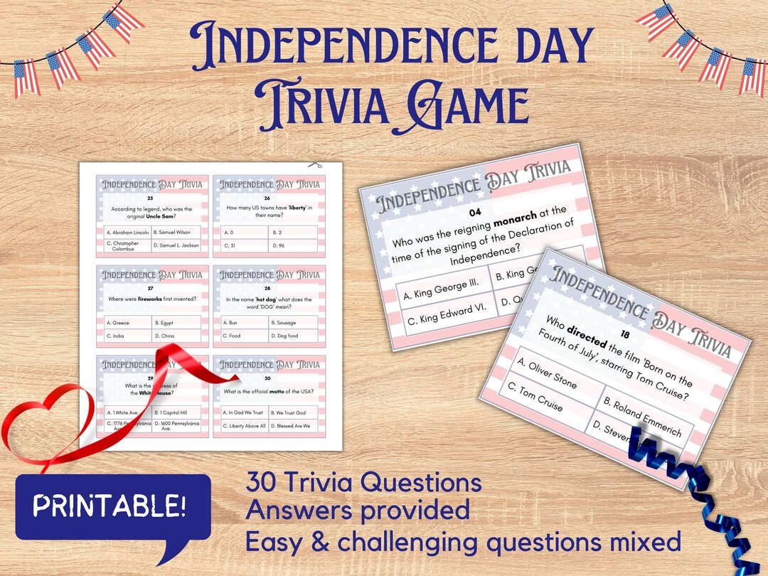 Independence Day Trivia Game, PRINTABLE 4th of July Party Quiz for ...