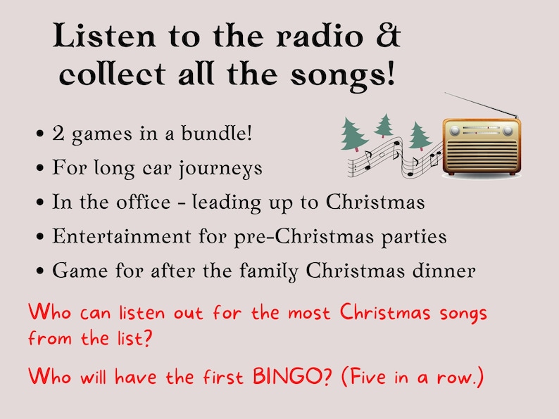 Christmas Songs BINGO & Treasure Hunt, Printable Christmas Tunes ...
