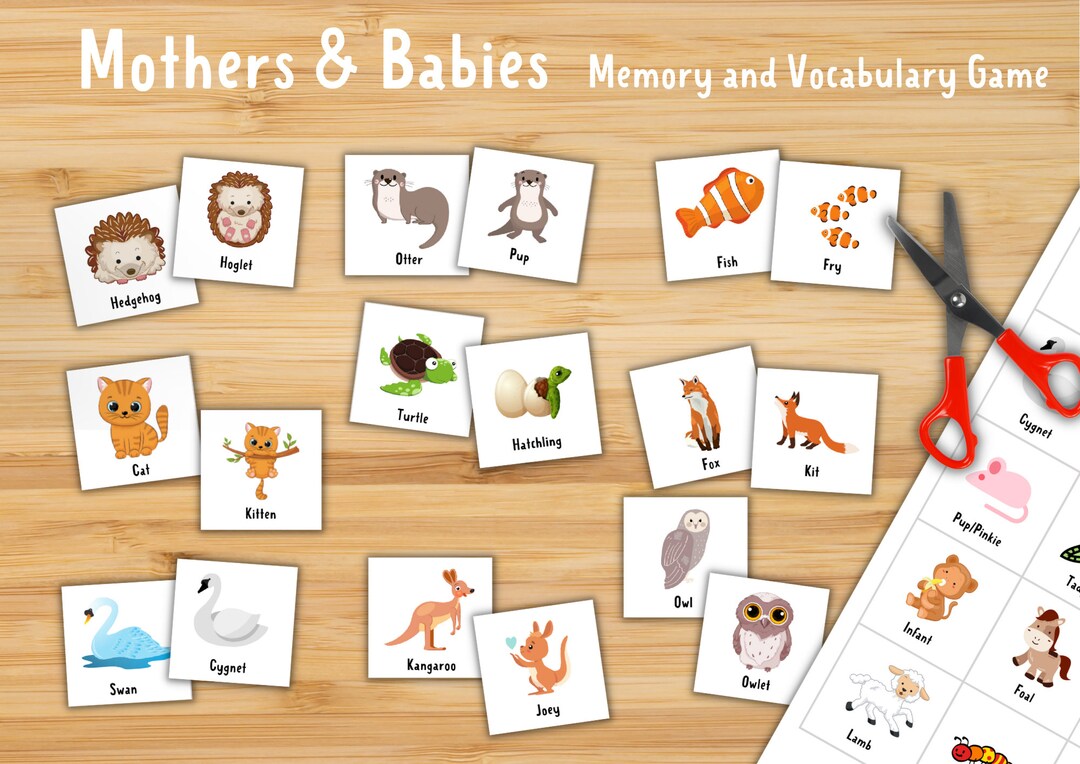 Mothers & Babies Memory and Vocabulary Game, Printable Learning ...