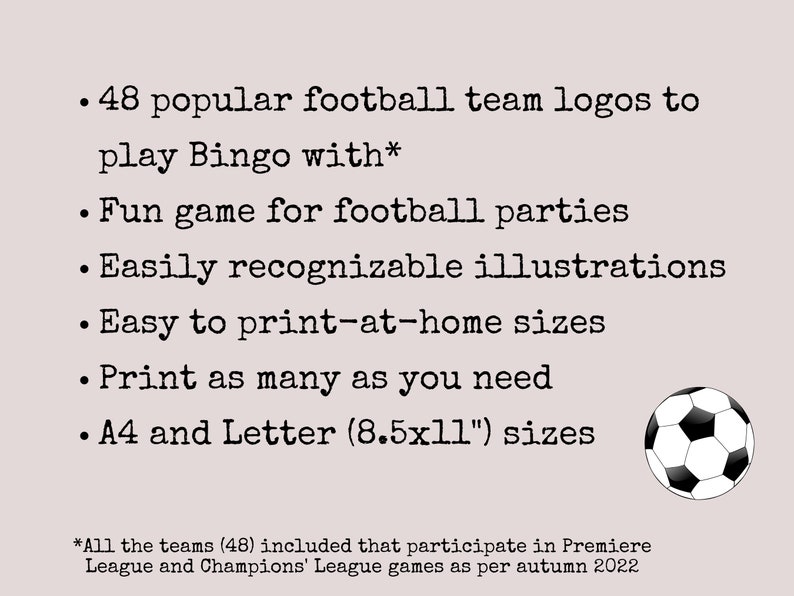Football Teams Bingo Game: Soccer Party, 12 Player Cards (printable) - Etsy