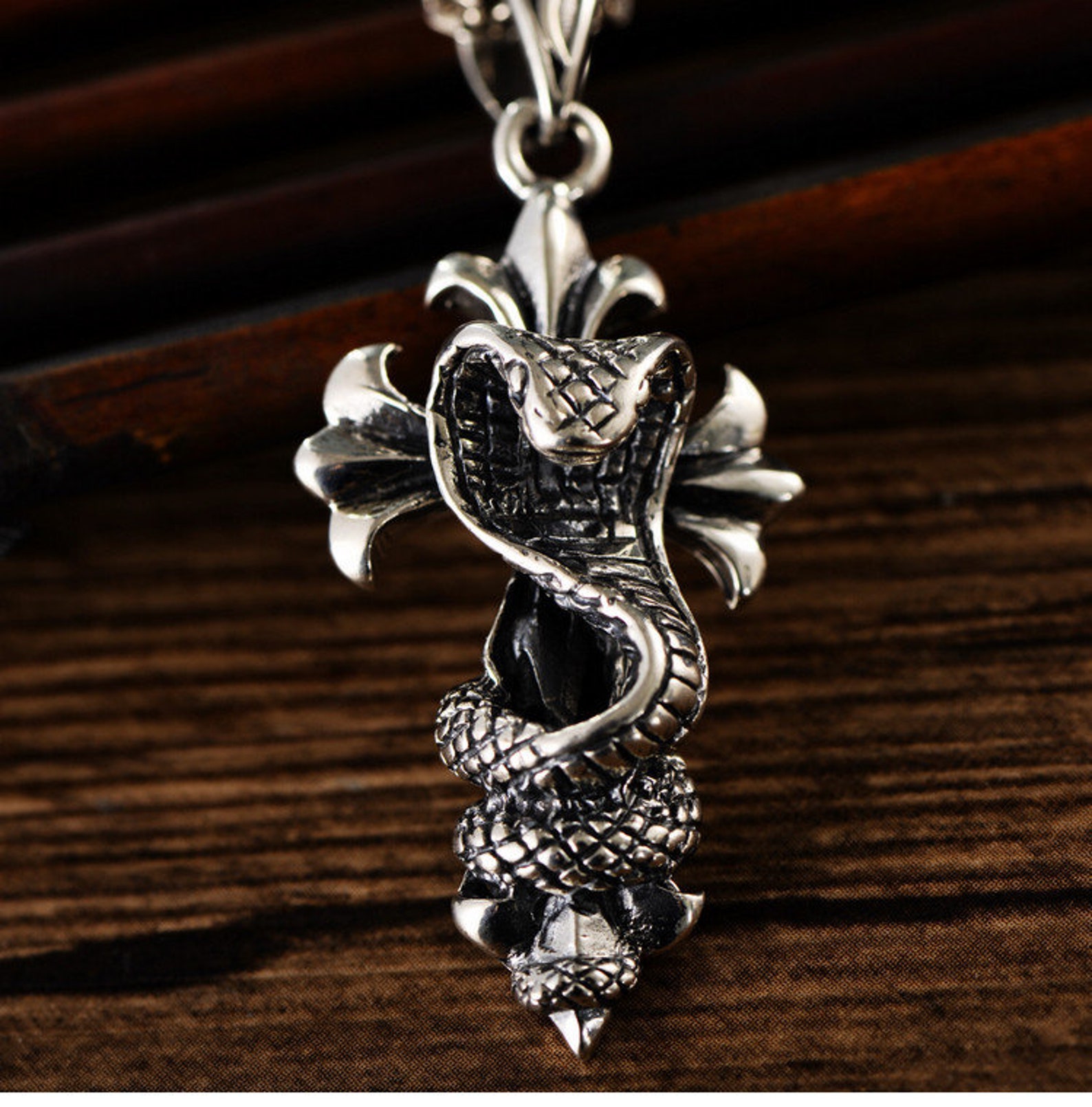 Snake Cross Silver Necklace Python Sterling Silver Pendant - Etsy