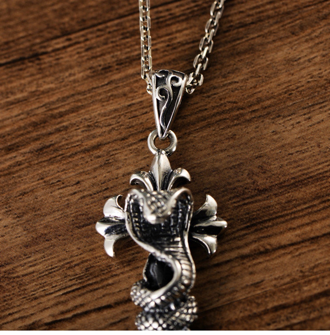 Snake Cross Silver Necklace Python Sterling Silver Pendant - Etsy