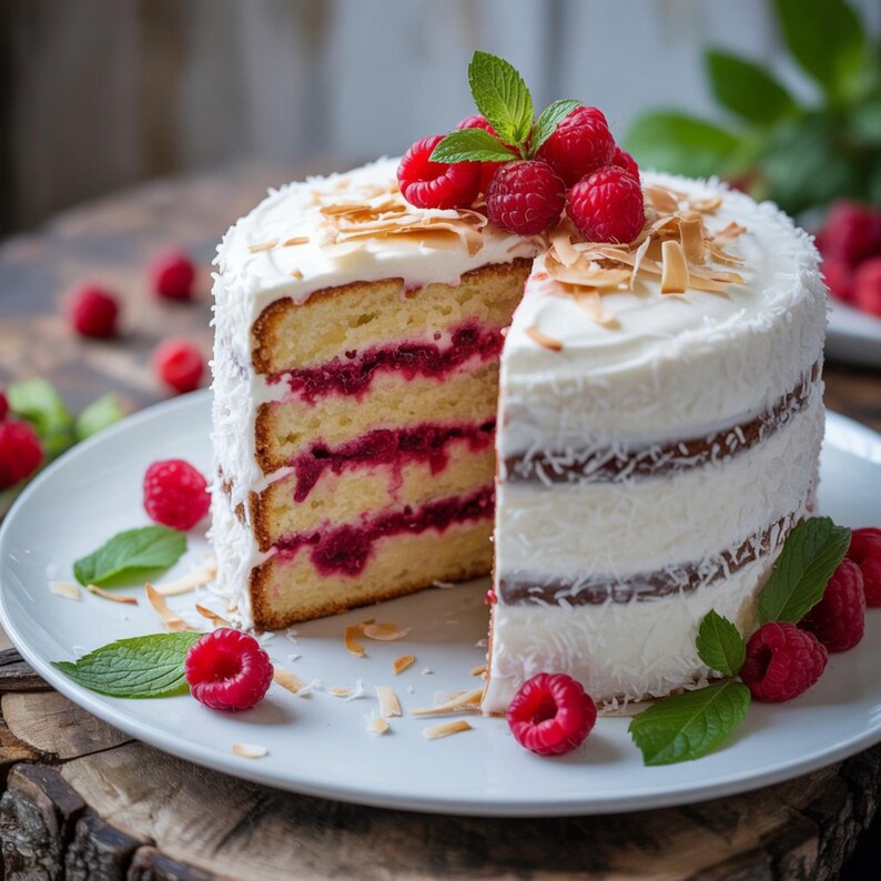 COCONUT Cake With RASPBERRY FILLING, Recipe Download - Etsy