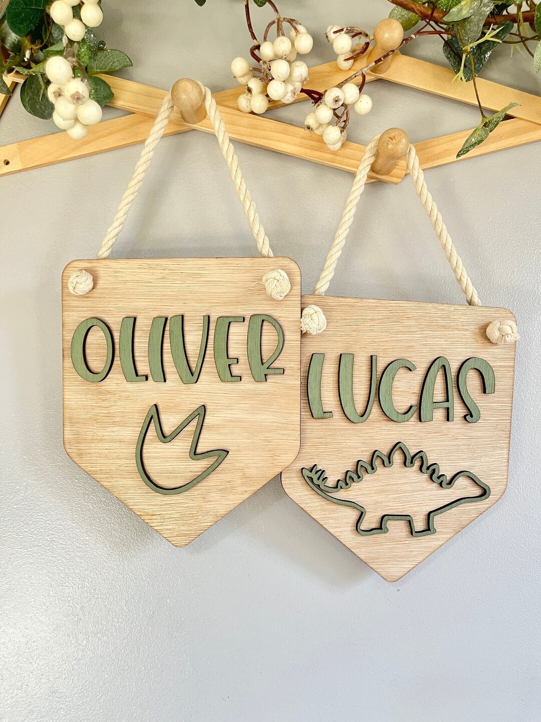 Dinosaur Name Sign Wooden Pennant Flag for Baby Nursery Dinosaur Decor ...